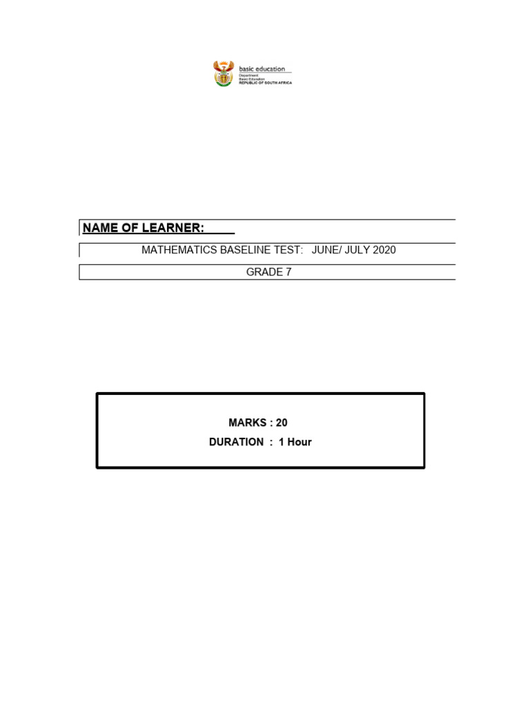 New Mathematics Baseline Test Grade 7 2020 | PDF | Area | Length