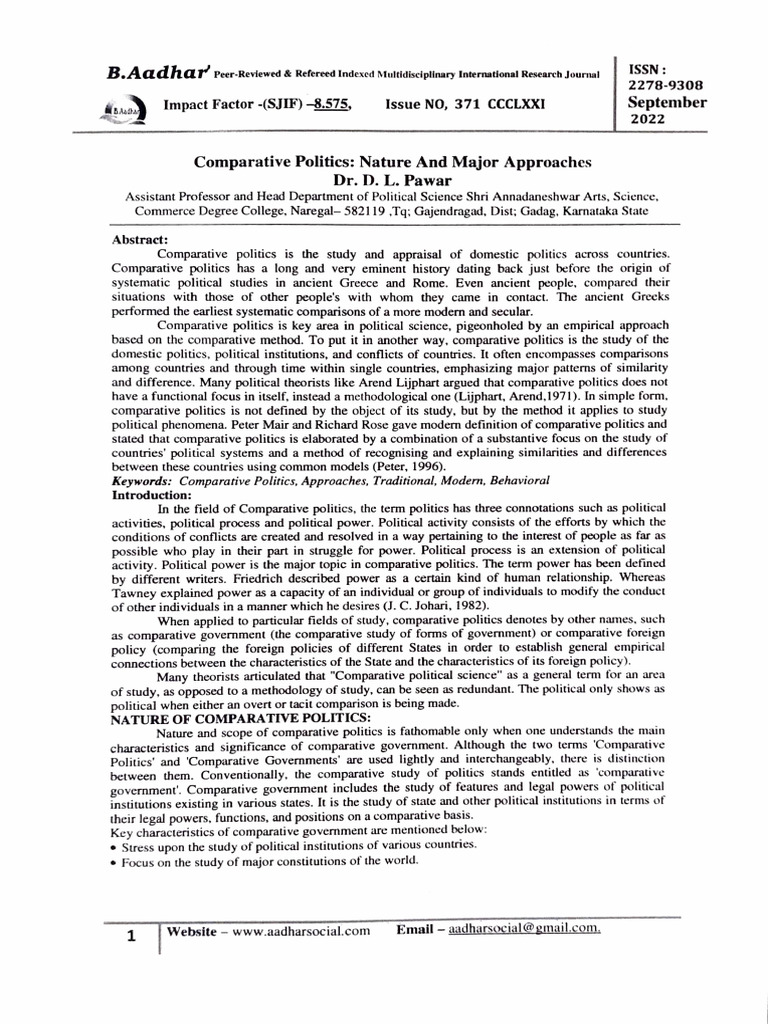 Comparative Politics: Key Approaches Explained | PDF | System | Institution