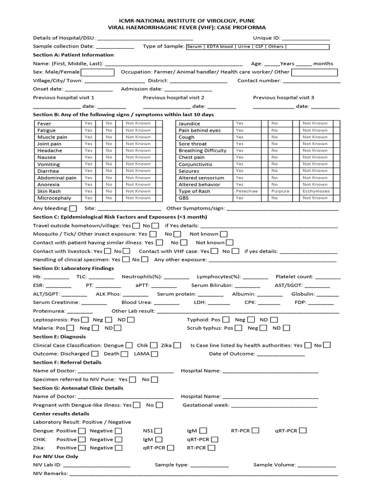 Viral Hemorrhagic Fever VHF Case Proforma | PDF | Epidemiology | Medicine