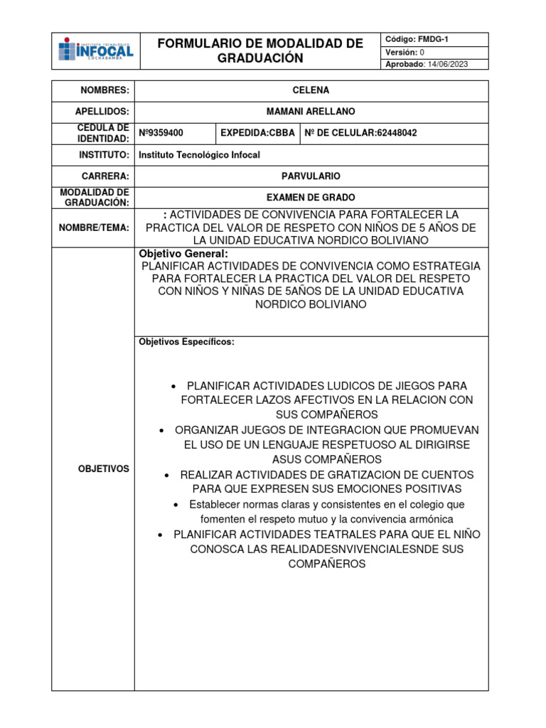 Formulario de Modalidad de Graduación Celena Mamani Arellano 6to ...