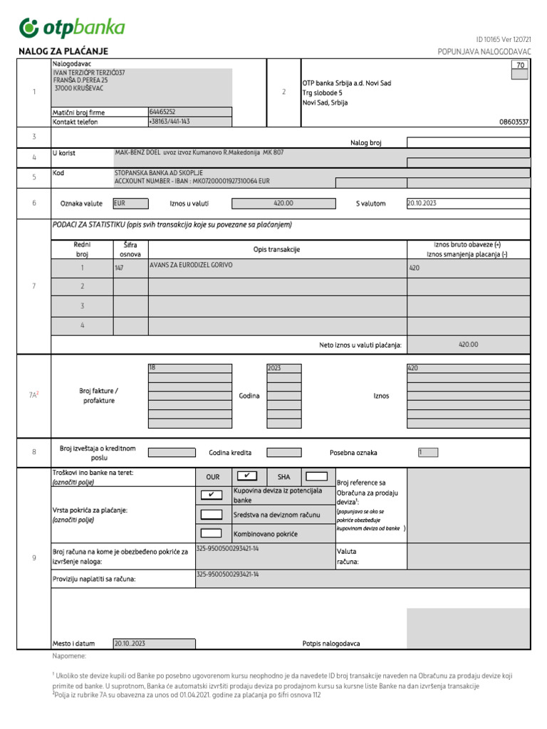 Nalog Za Plaćanje Prema Inostranstvu TERZIC 037 | PDF