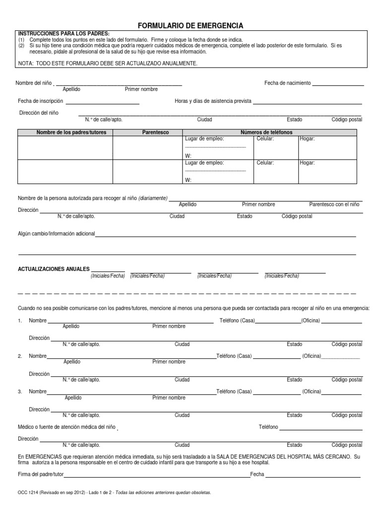 Occ 1214 Emergency Form Spa | PDF | Ciencias de la Salud ...
