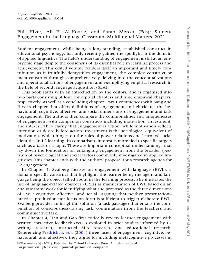 Student Engagement in The Language Classroom | PDF | Second Language Acquisition | Affect ...