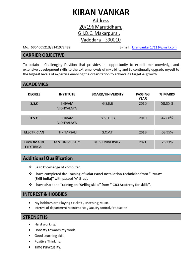 Kiran Vankar Resume (1) - 1 | PDF | Engineering Kiran Vankar Resume (1) - 1 | PDF | Engineering