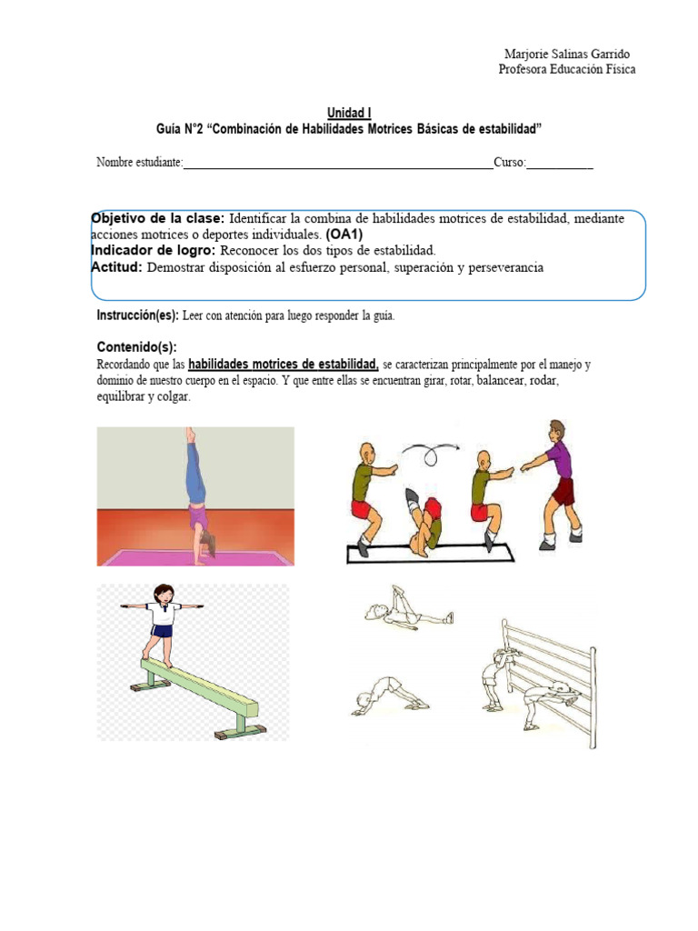 4 Básicos Educación Física Unidad 1 Guía 2 Control Motriz De