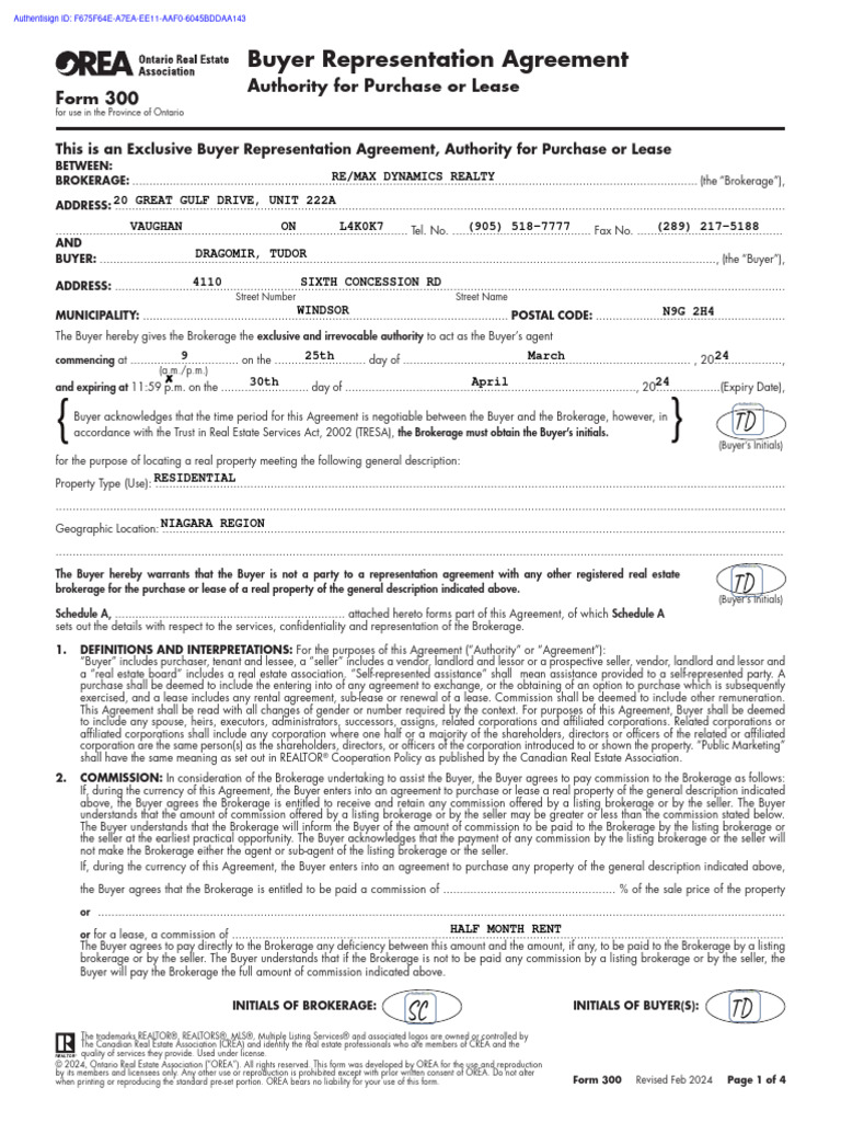 Lease - (Ontario) 300 - Buyer Representation Agreement Authority For ...