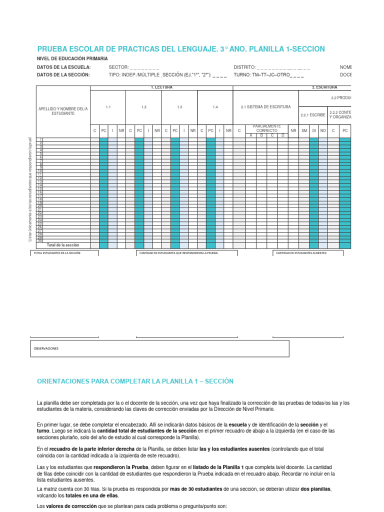 Planilla 1 Prácticas Del Lenguaje 3º | PDF