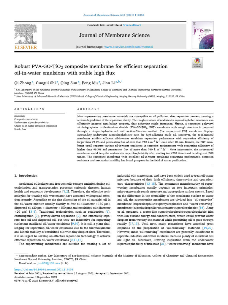 Journal of Membrane Science: 2 Qi Zhong, Guogui Shi, Qing Sun, Peng Mu, Jian Li | PDF | Membrane ...