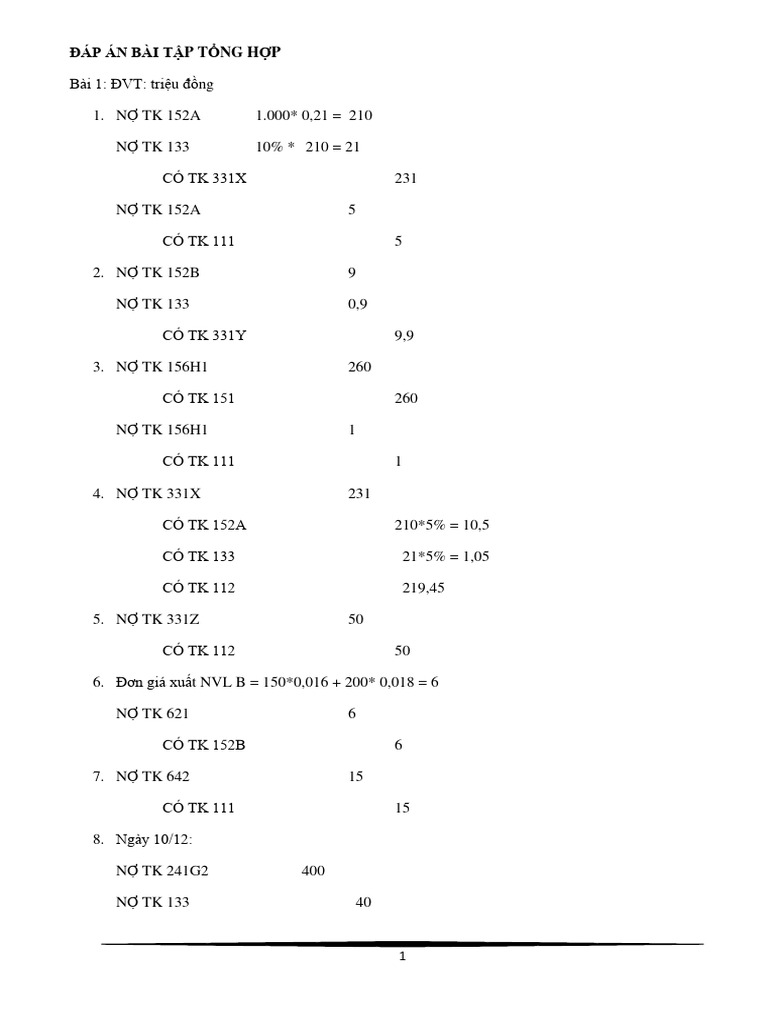 Đáp Án Btap T NG H P 1 | PDF