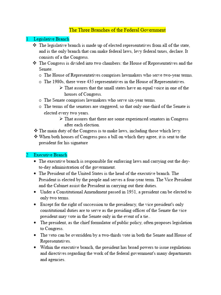 The Three Branches of The Federal Government | PDF | Federal Government ...
