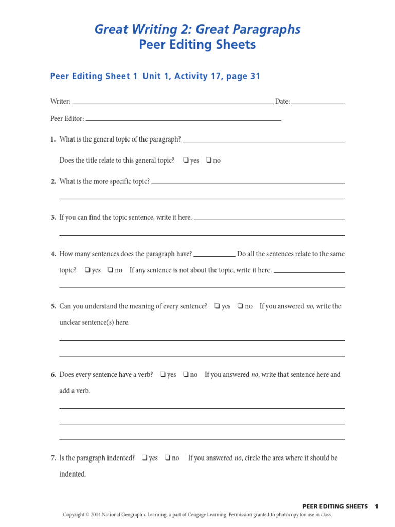 Great Writing 2: Great Paragraphs: Peer Editing Sheets | Download Free ...