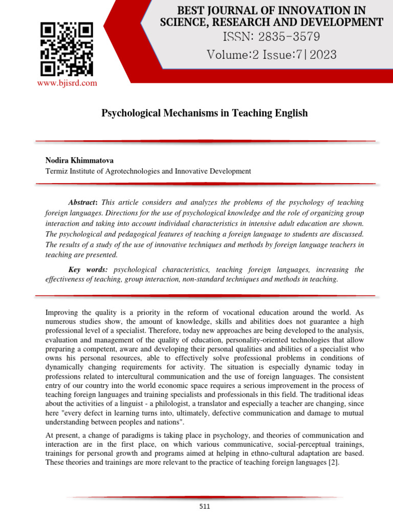 ISSN: 2835-3579 Volume:2 Issue:7 - 2023: Psychological Mechanisms in Teaching English | PDF ...