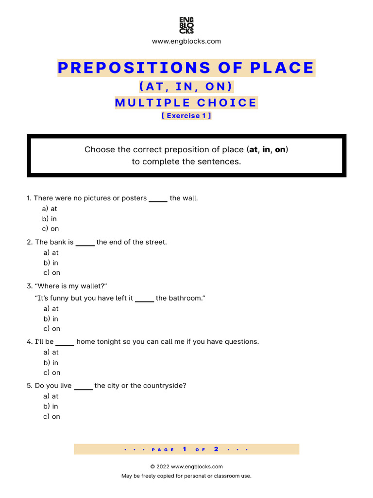 Prepositions of Place at in On Multiple Choice Exercise 1 | PDF
