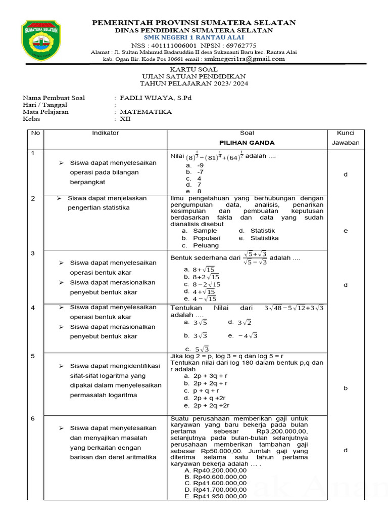 2024 Kartu Soal Usp MTK | PDF