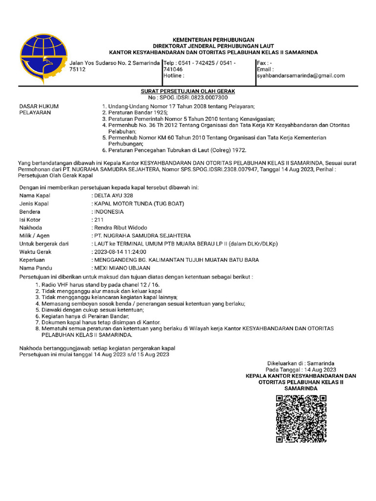 SPOG TB. DELTA AYU 328 BG. KAL TUJUH LAUT to LP II MV. PATRICIA OLDENDORFF | PDF