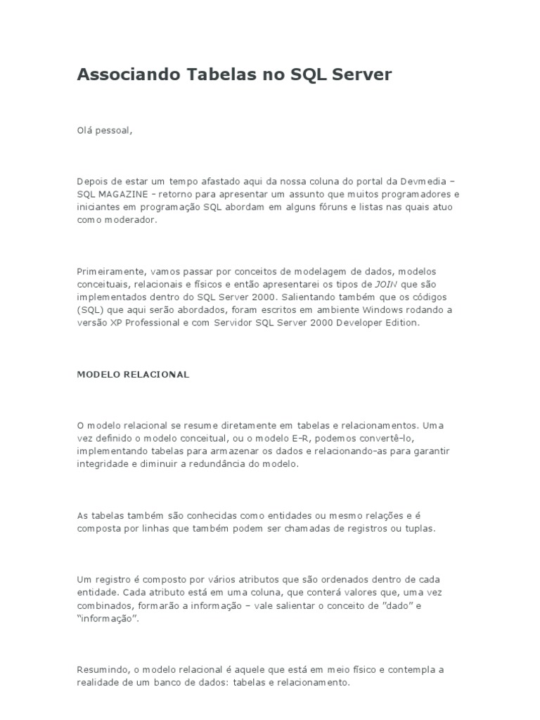 Associando Tabelas No SQL Server | PDF | Modelo relacional | Tabela ...