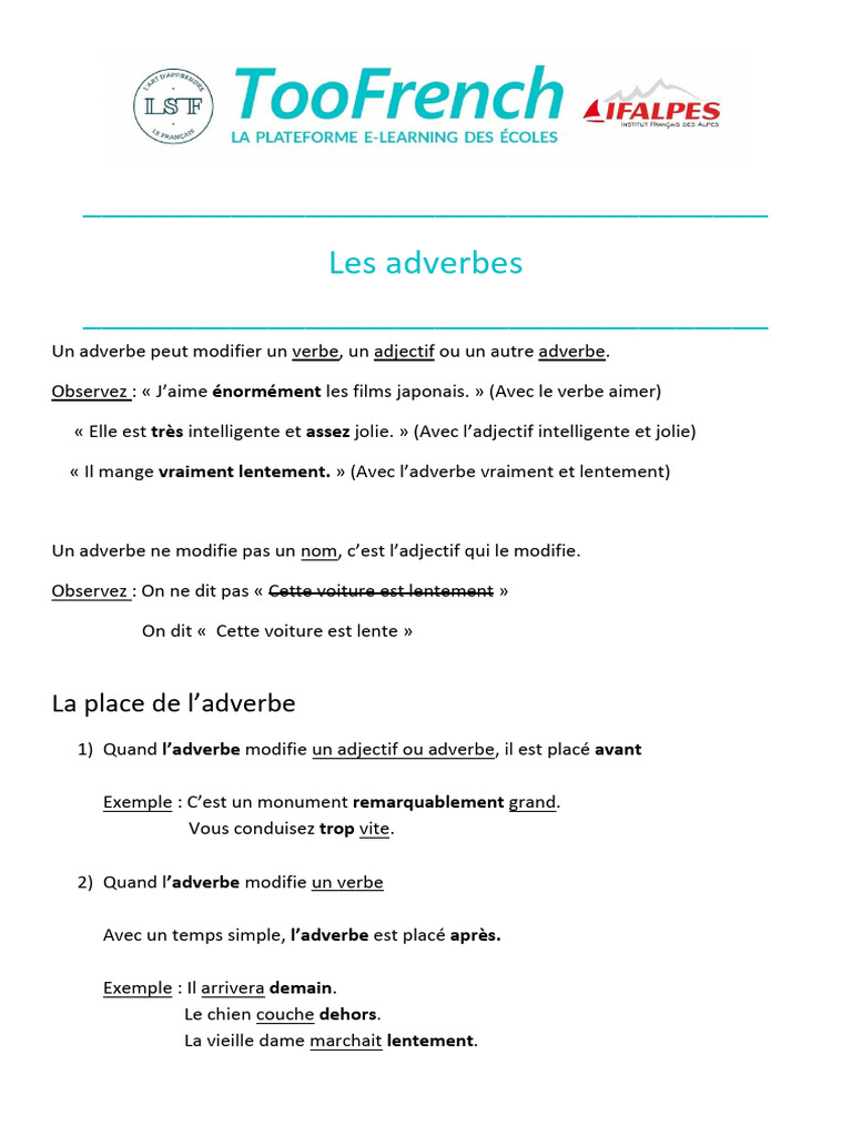 Les Adverbes | PDF | Adverbe | Verbe
