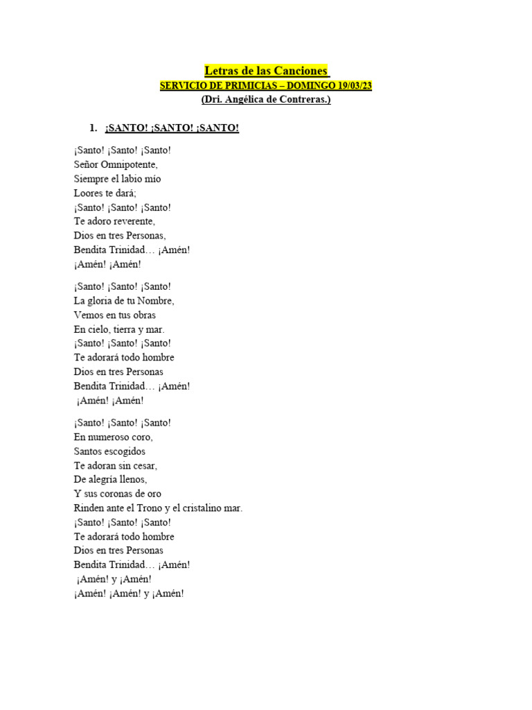 Letras de Las Canciones Servicio de Primicias. Domingo 19.03.23 | PDF ...