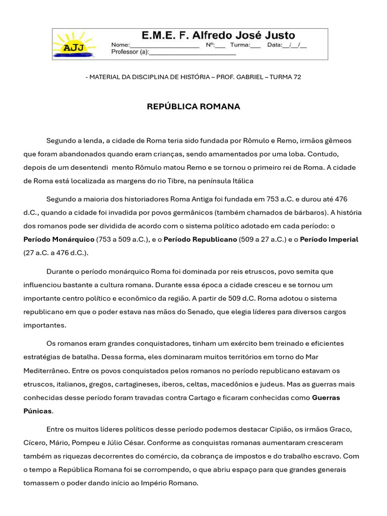 MATERIAL DISCIPLINA HISTÓRIA - 7º Ano Prof. Gabriel 1 Parte | Download grátis PDF | Roma Antiga ...