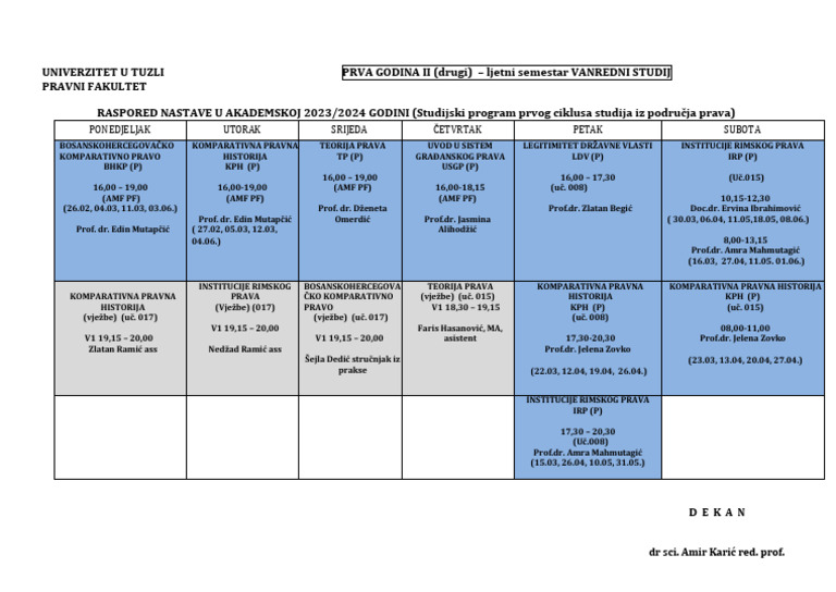 RASPORED Za Ljetni Semestar Ak. 2023 2024 Vanredni Studij PF 2 | PDF
