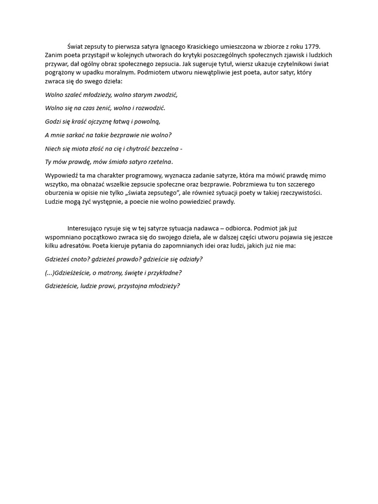 Świat Zepsuty To Pierwsza Satyra Ignacego Krasickiego Umieszczona W ...