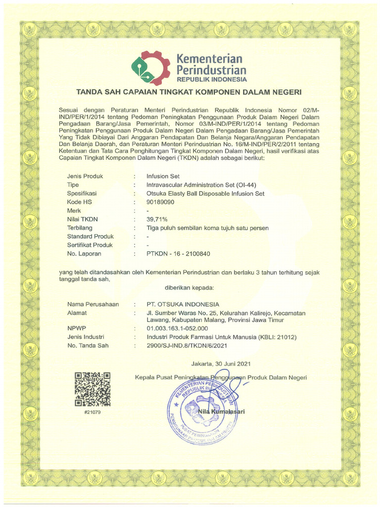Sertifikat TKDN (Intravascular Administration Set (OI-44) | PDF