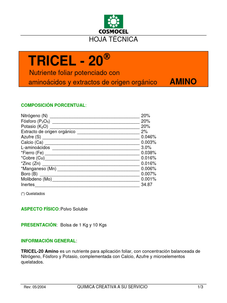 Ficha Técnica TRICEL 20 Cosmocel (México) | PDF | Nutrientes | Agua