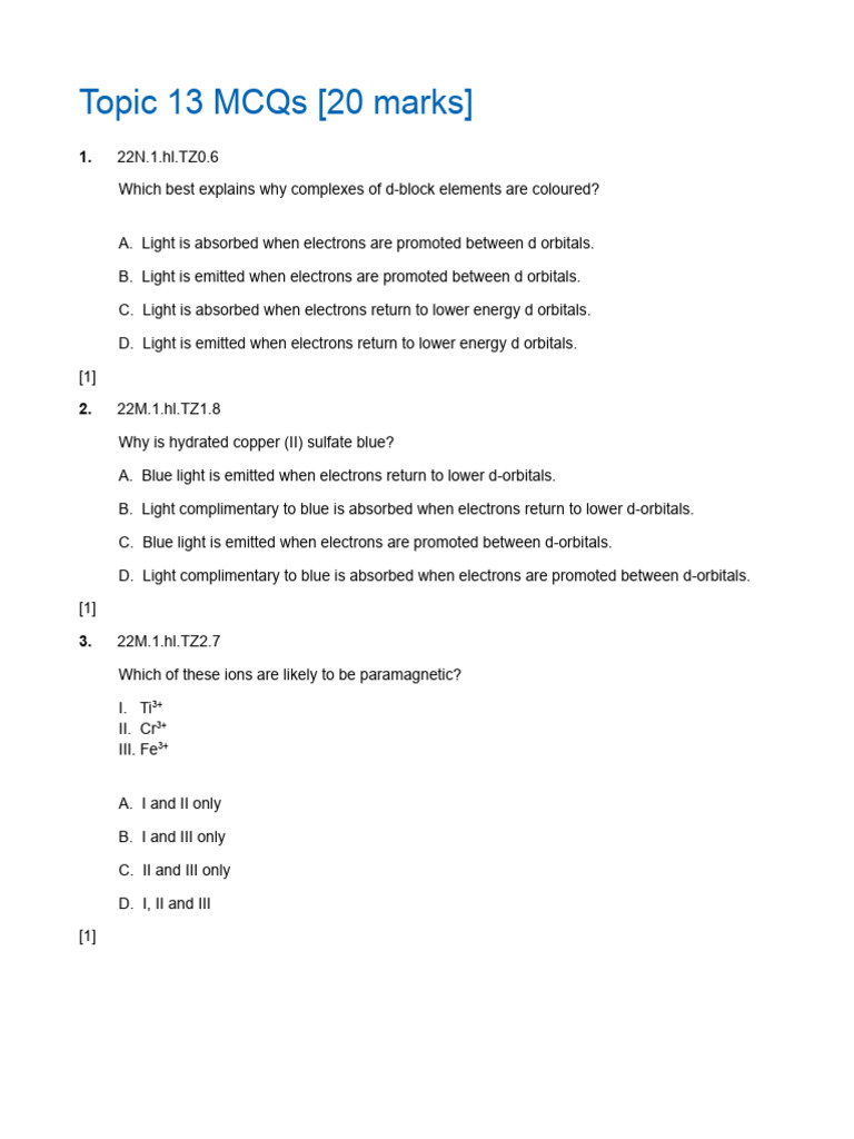 Topic 13 MCQs | PDF | Coordination Complex | Transition Metals