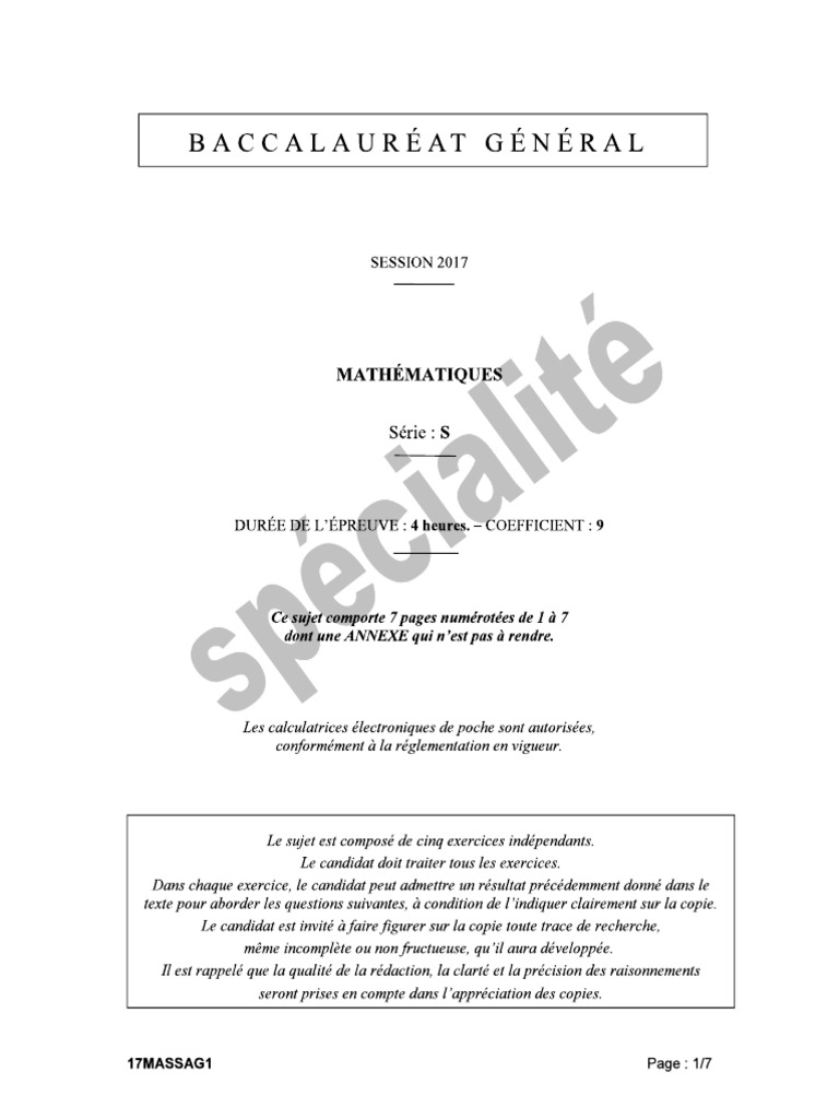 Sujet Bac S 2017 Maths Specialite Antilles Guyane | PDF