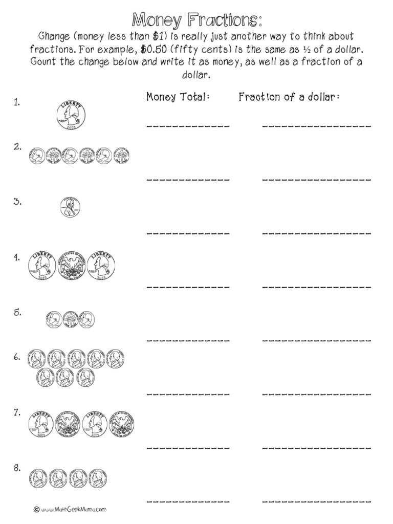 Money Fractions Worksheets | PDF