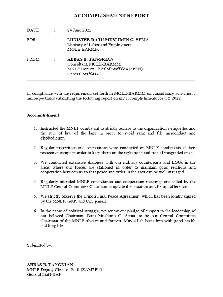 MNLF Accomplishment Report 2022 | PDF | Finance & Money Management ...
