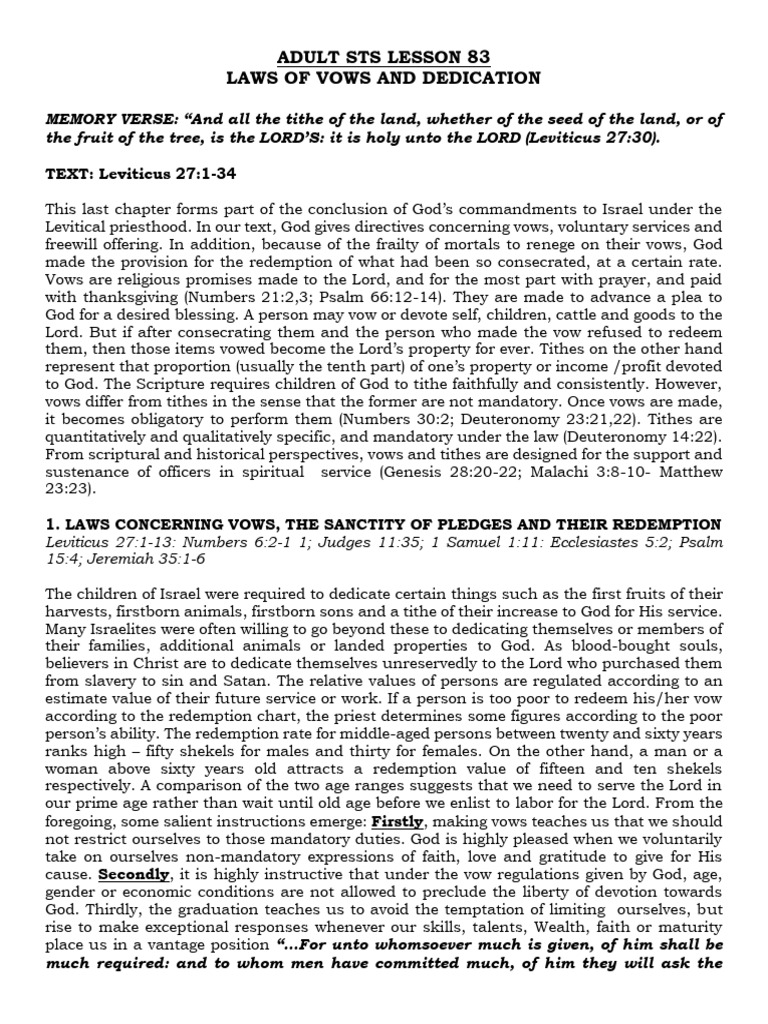Adult STS Lesson 83 - Laws of Vows and Dedication | PDF | Tithe | Book Of Numbers