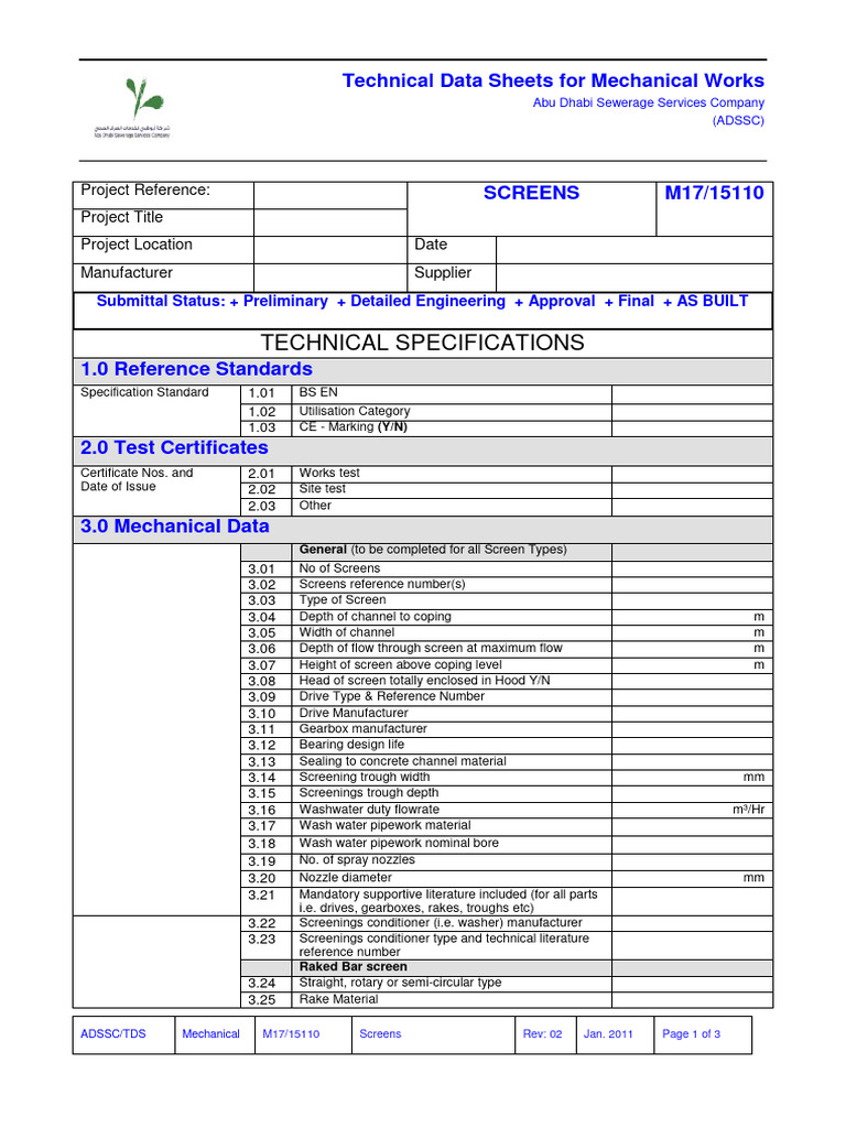 Mechanical Screens Technical Data Sheet | PDF | Pump | Screw