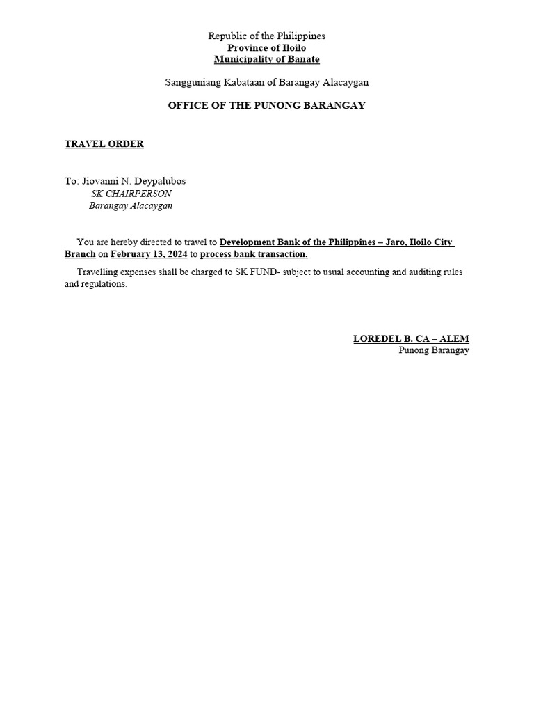 Travel Order - SK Chairperson | PDF | Business | Financial Services