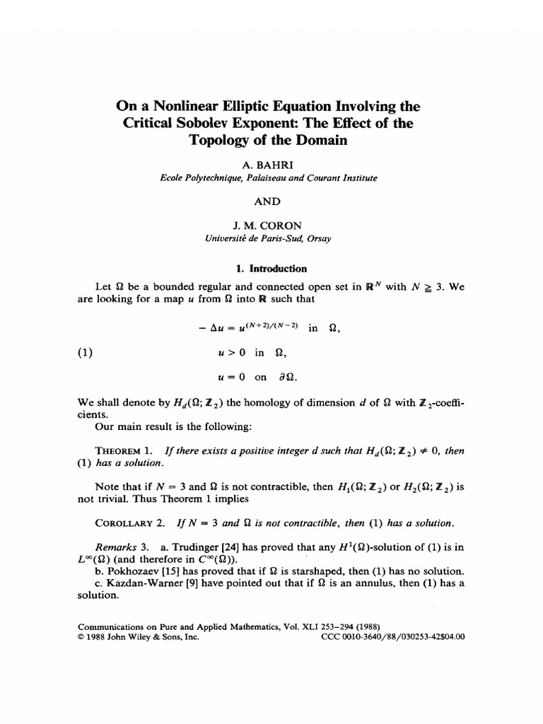 Bahri, Coron. On A Nonlinear Elliptic Equation Involving The Critical ... Bahri, Coron. On A Nonlinear Elliptic Equation Involving The Critical ...