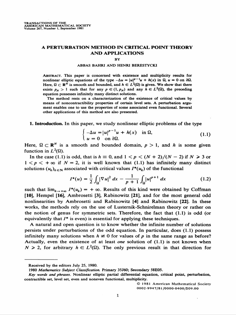 Bahri. A Perturbation Method in Critical Point Theory | PDF