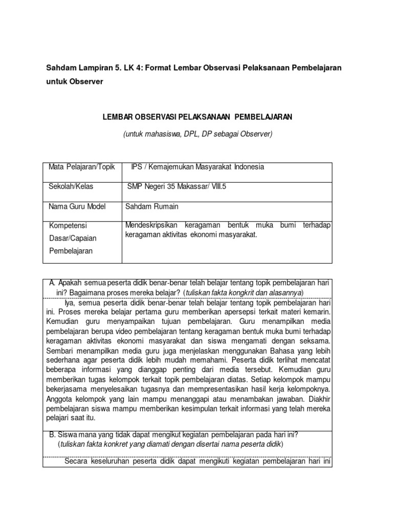 Lampiran 5. LK 4 Format Lembar Observasi Pelaksanaan Pembelajaran Untuk Observer Pada ...