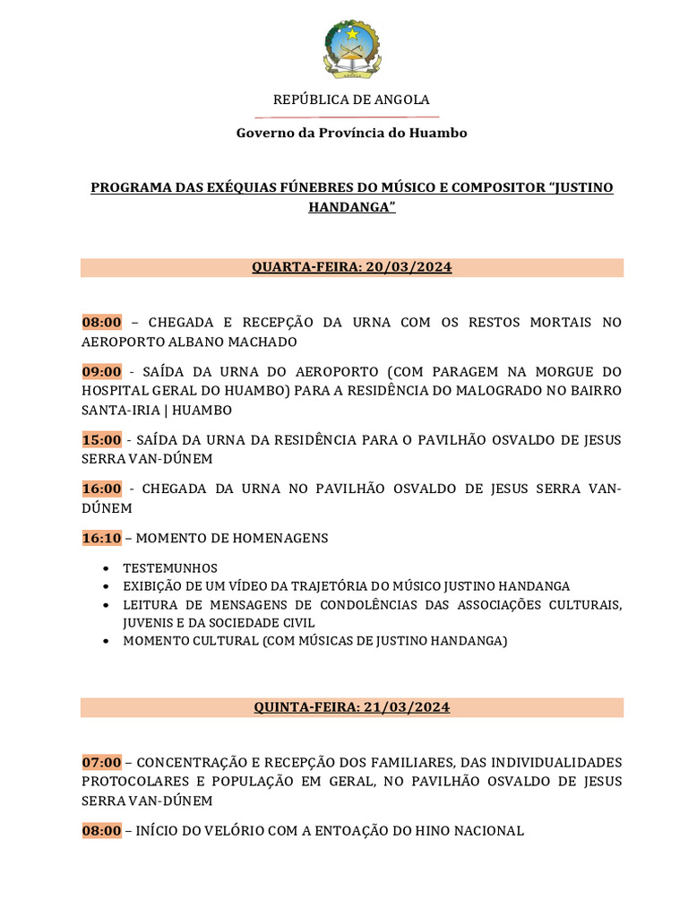 Programa das Exéquias de Justino Handanga | PDF | Ciências Sociais ...