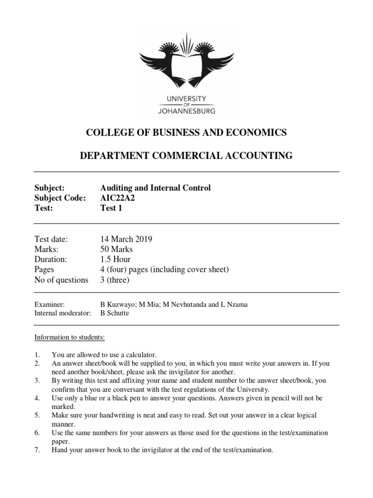2019 AIC22A2 Test 1 | PDF | Audit | Internal Control