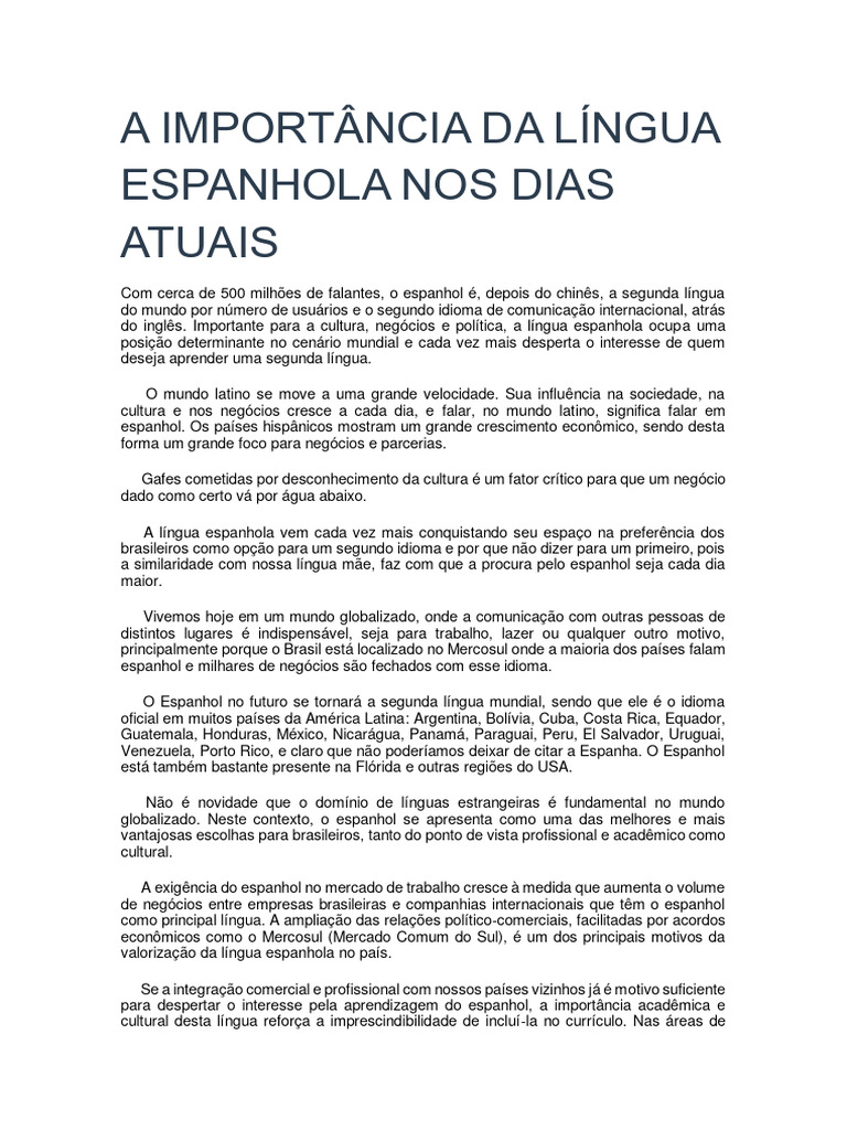 A Importância Da Língua Espanhola Nos Dias Atuais | PDF | Espanhol ...