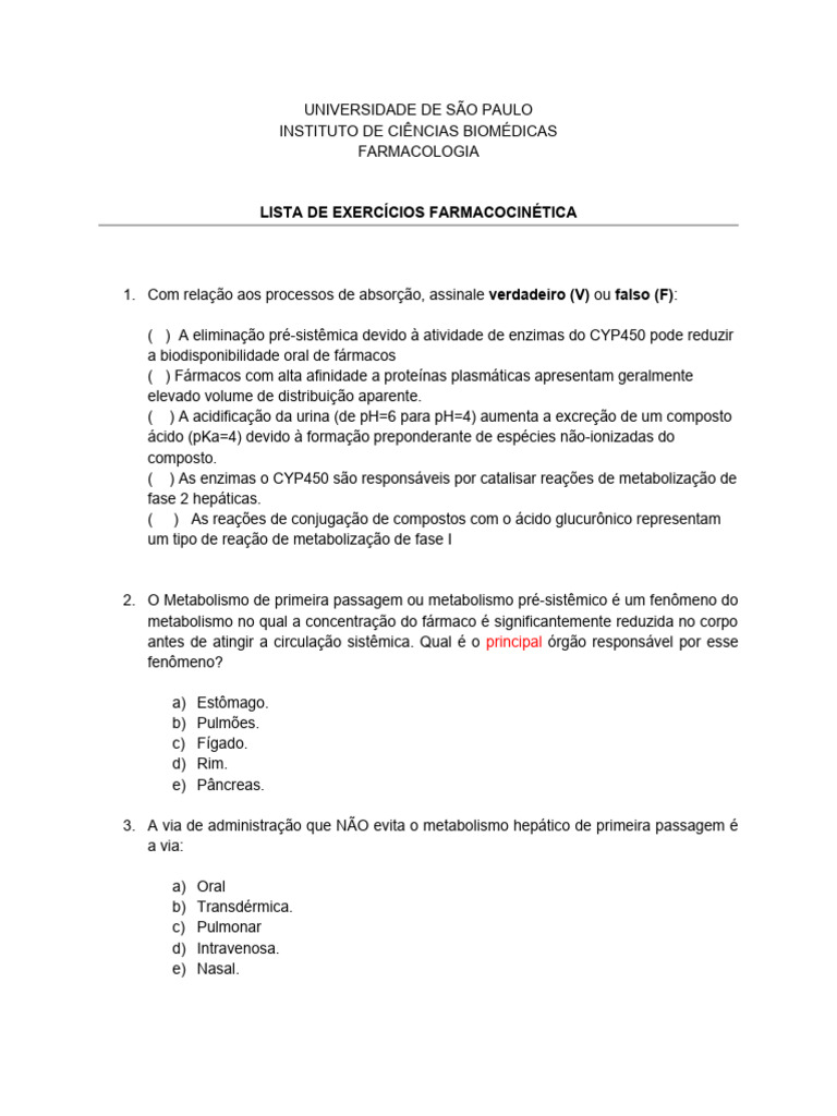 Lista de Exercícios Farmacocinética | Download grátis PDF ...