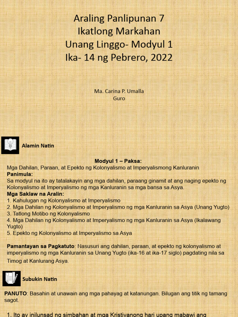 Araling Panlipunan 7 Ikatlong Markahan Unang Linggo-Modyul 1 Ika - 14 NG Pebrero, 2022 | PDF