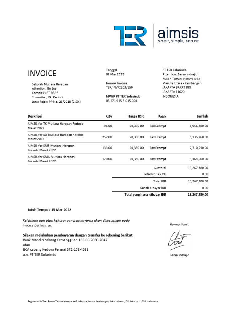 Invoice Sekolah Mutiara Harapan Periode Maret 2022 | PDF
