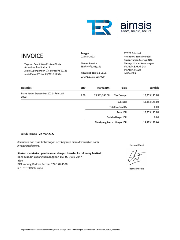 Invoice Yayasan Pendidikan Kristen Gloria - Biaya Server September 202 - Februari 2022 | PDF