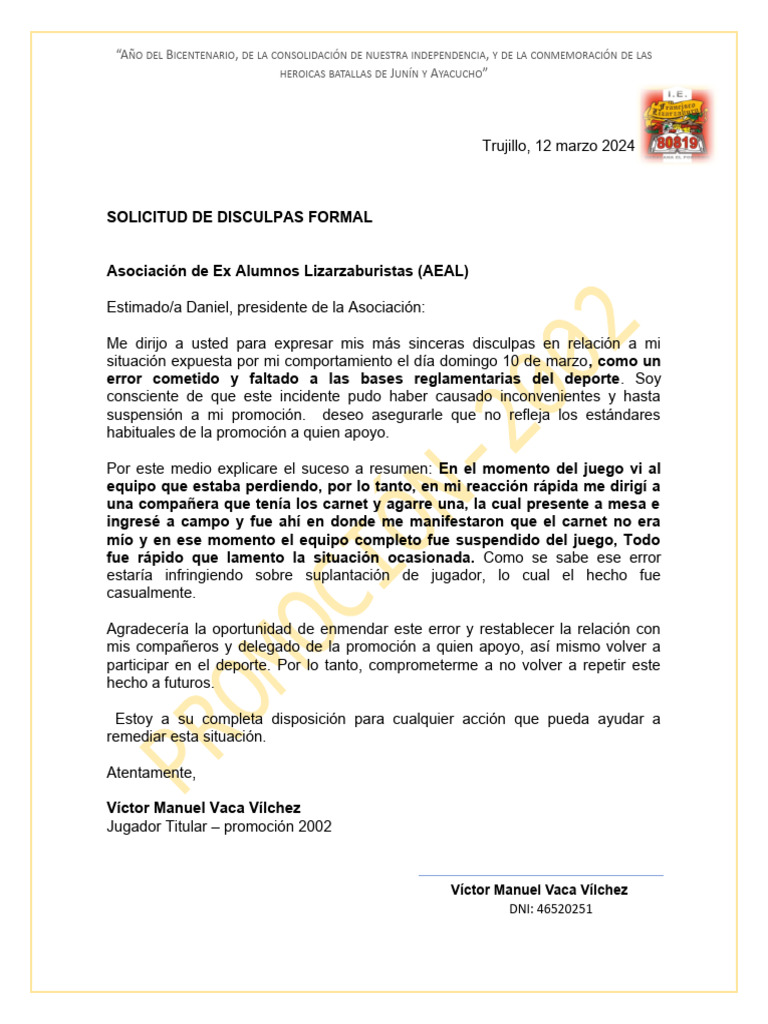 Carta de Disculpa Formal | PDF