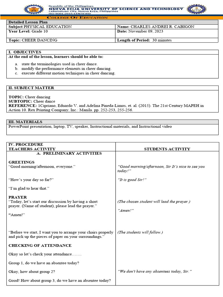 Detailed Lesson Plan | PDF | Hand | Cheerleading