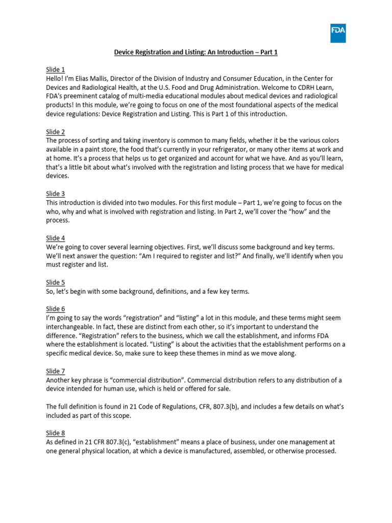 Transcript CDRH Learn Registration and Listing Introduction Part-1 | PDF | Federal Food | Food ...