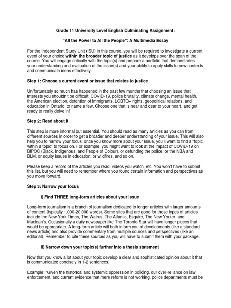 ENG3U Culminating Assignment | PDF | Essays | Multimedia