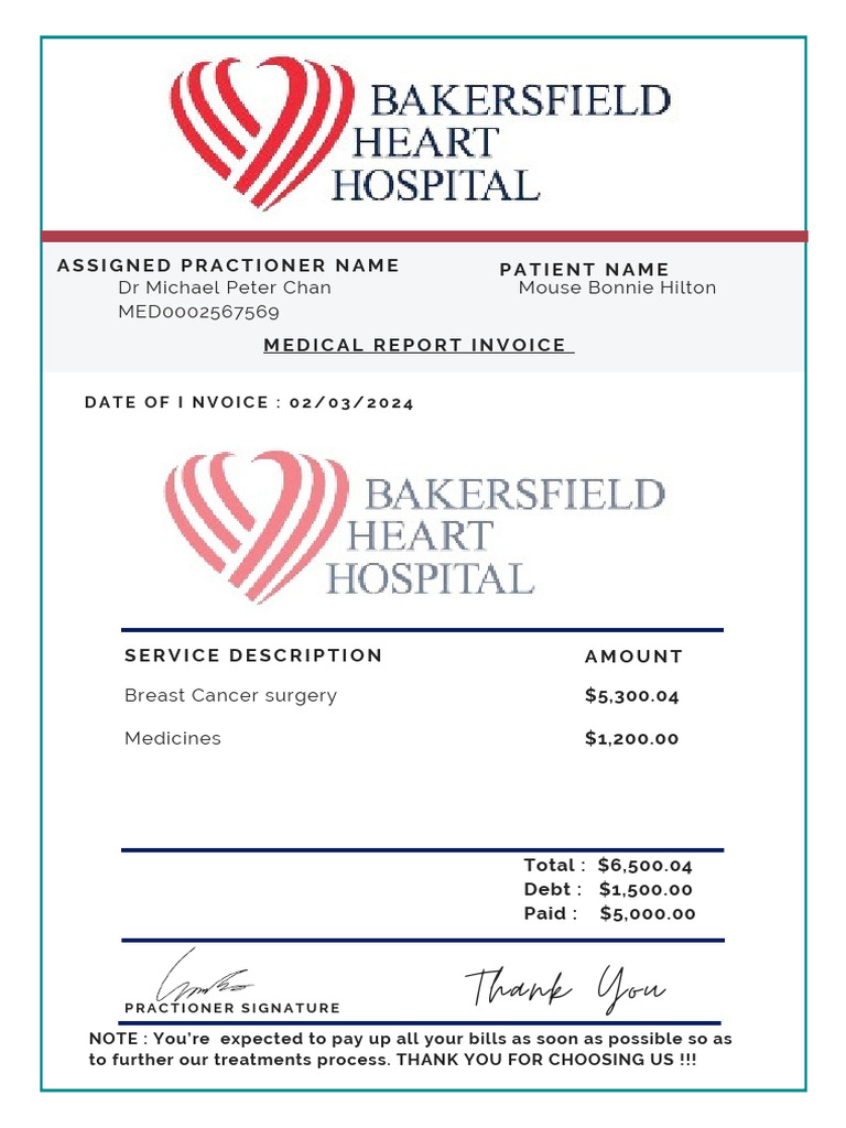 Breast Cancer Surgery Invoice 2024 | PDF | Wellness