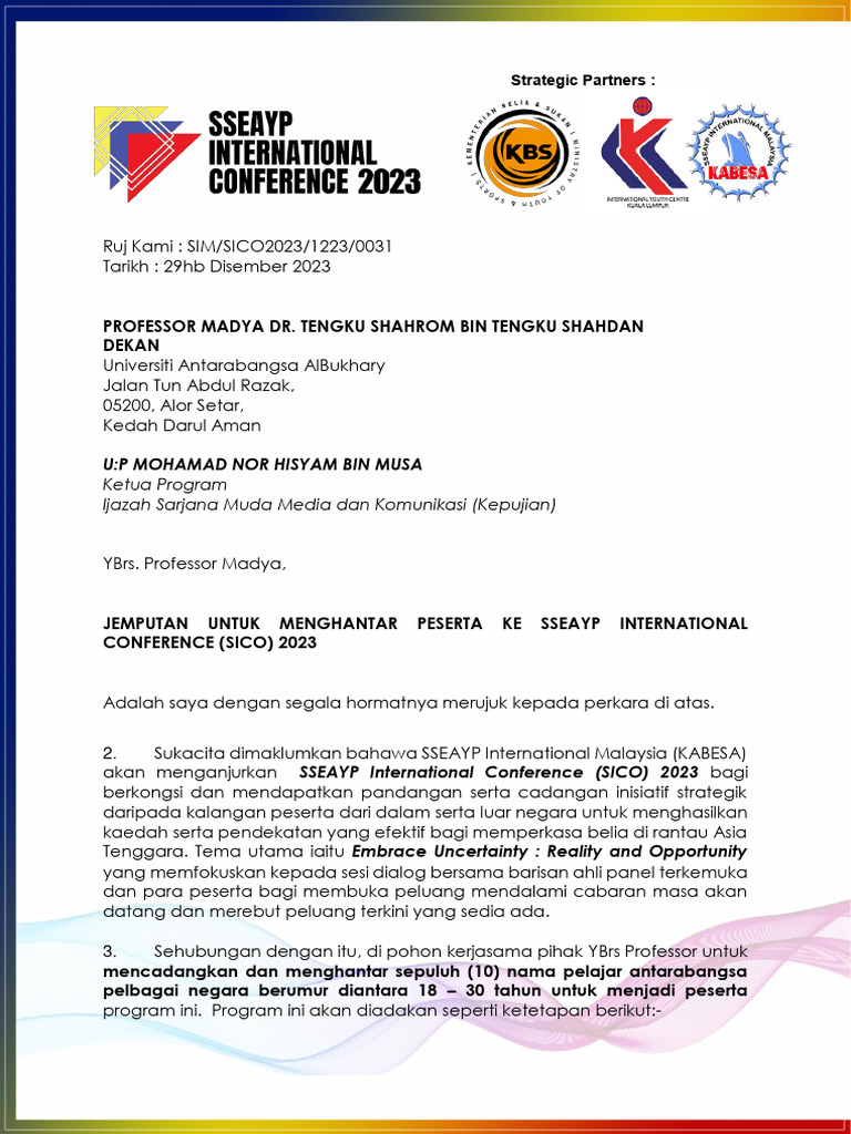 Surat Jemputan Menghantar Peserta Pelajar Antarabangsa | PDF | Ilmu Sosial